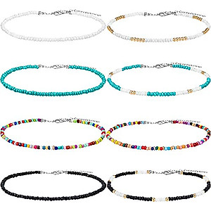 Hicarer Seed Bead Choker Necklace Tiny Beaded Choker Boho Colorful Choker Necklace Chain Jewelry for Women, Adjustable 12-16 Inches (Color Set 1, 8 Pieces)