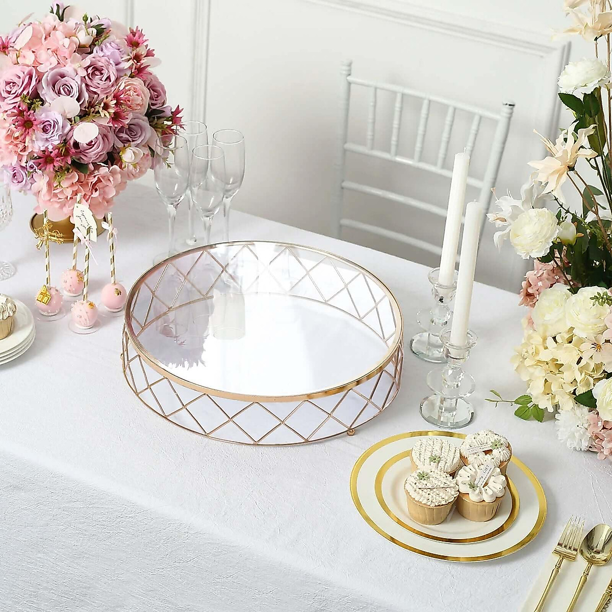 Efavormart 16" Round Metal Geometric Cake Stand Cake Riser with Glass Top Glossy Metallic Finish for Dessert Cupcake Pastry Candy Display Plate Event, Birthday Party