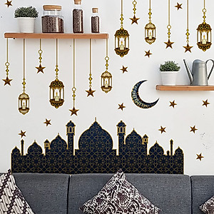 Ramadan Wall Decor Stickers, Islamic Muslim Wall Stickers Eid Mubarak Ramadan Decor Lantern Moon Star Window Decal Ramadan Decorations for Home Living Room Bedroom Decorations Wallpaper