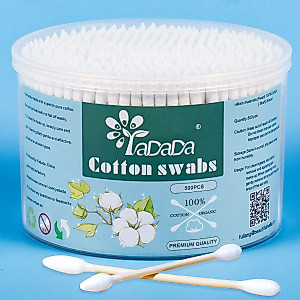 YADADA 500 Count Organic Cotton Swabs - Biodegradable Bamboo Sticks, Natural Cotton Buds with Pointed and Rounded Tips for Ear Cleaning