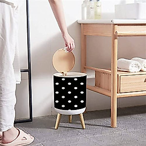 Small Trash Can with Lid with Tile White Polka dots on a Black Round Recycle Bin Press Top Dog Proof Wastebasket for Kitchen Bathroom Bedroom Office 7L/1.8 Gallon
