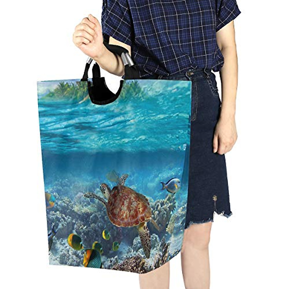 XLING Collapsible Laundry Basket Tropical Fish Ocean Animal Turtle,Foldable Laundry Hamper Washing Clothes Basket Bin Storage Bag Organization with Handles