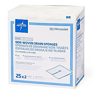 Medline Caring Non-Woven Sterile Drain Sponges, 4"x4", 6-ply (Case Of 600)