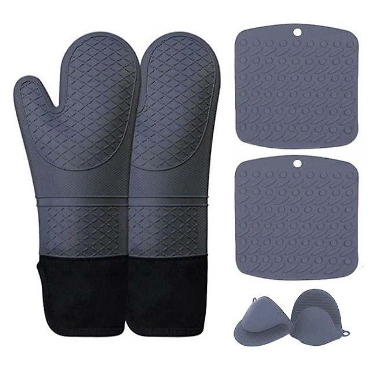 Silicone Oven Mitts and Pot Holders Sets- Oven Mitts Heat Resistant -Silicone Pot Holders-Heavy Duty Kitchen Oven Mitts- Rubber Oven Mitts and Pot Holders- Oven Mitts and Pot Holders Sets-(Gray)