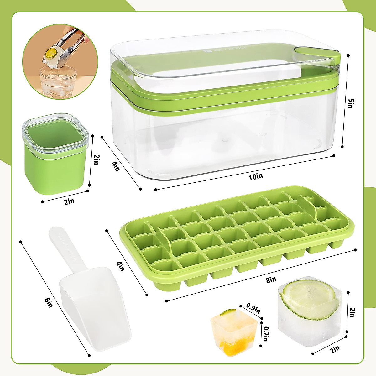 CTSZOOM Ice Cube Tray with Lid and Bin &Scoop, 64 pcs Ice Cubes Molds 2 Trays, Ice Cube Tray Mold for Freezer with One Large Square Ice Cube Molds for Whiskey, Cocktail (Green)