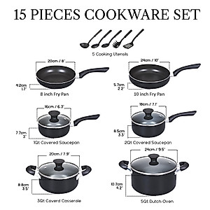 Cook N Home 15-Piece Nonstick Stay Cool Handle Cookware Set, Black