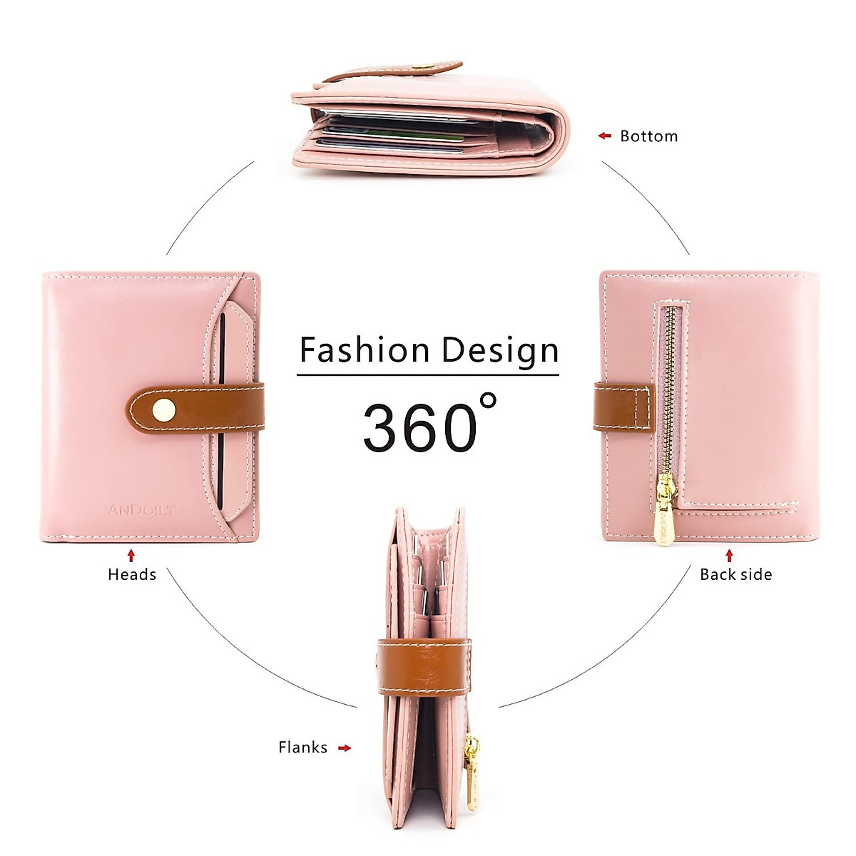 ANDOILT Wallets for Women Genuine Leather Small Bifold Wallet RFID Blocking Card Case Purse with ID Window Coin Pocket Pink