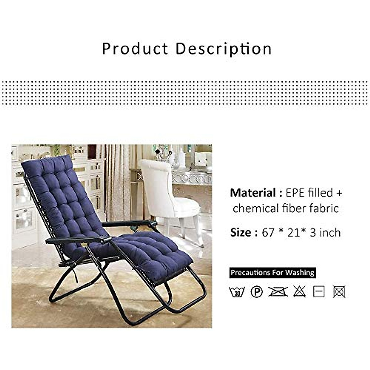 Sun Lounger Chair Cushions,67-inch Lounge Chaise Cushion Sun Lounger Mattress with Non-Slip Back Elastic Sleeve for Garden Outdoor/Indoor/Sofa/Tatami/Car Seat/Bench(67 x 21 x 3 inch, Blue)