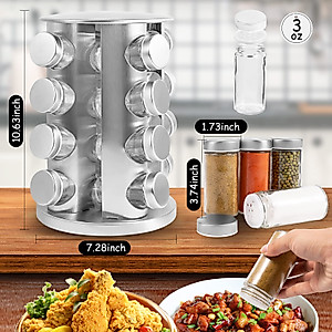 Rotating Spice Rack with 16 Jars, Revolving Spice Rack Organizer for Cabinet, Seasoning Organizer Stainless Steel Kitchen Spice Tower with Labels for Countertop