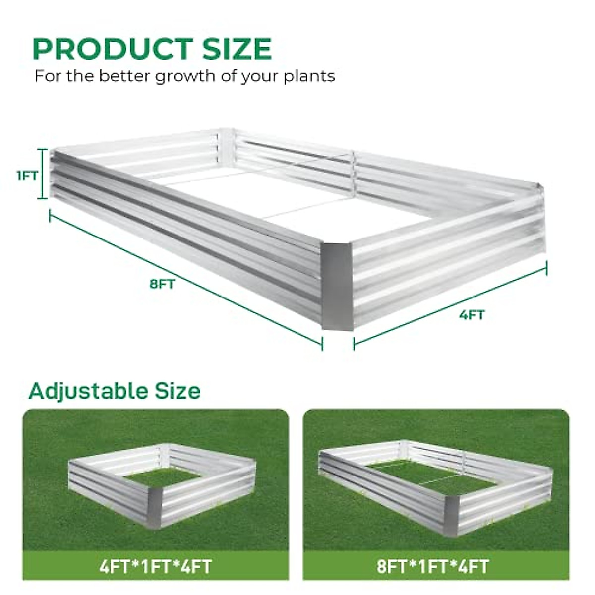 iPower Galvanized Raised Garden Bed Kit Adjustable Size Thickened Metal Planter Box Outdoor for Flowers Vegetables and Herb, 8x4x1ft, 8 x 4ft, Silver