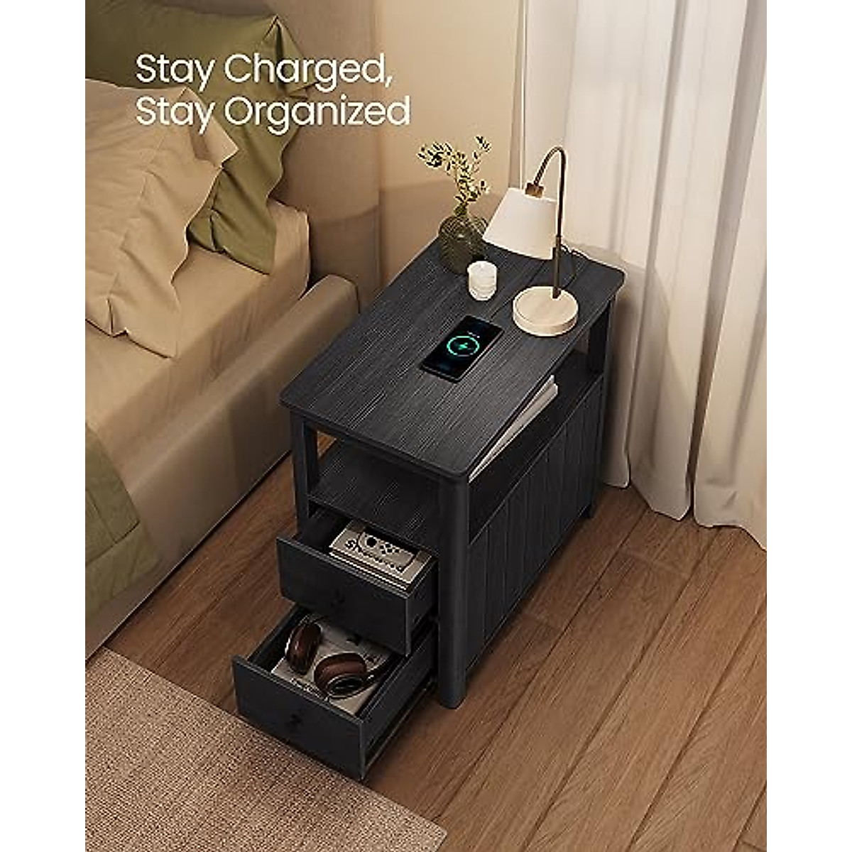 VASAGLE Side Table with Charging Station, Narrow Nightstand with 2 Drawers, Living Room End Table with Storage, for Small Spaces, Coastal Style, Charcoal Gray ULET322B22