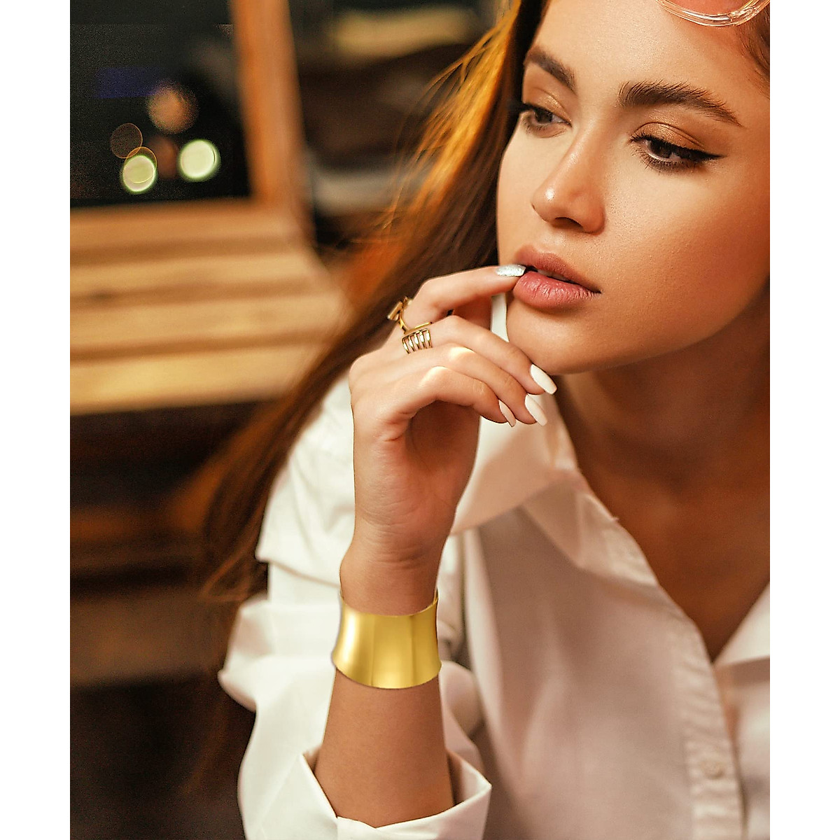 BOMAIL 2 Pcs Cuff Bangle Bracelet Set for Women Open Wide Wire Bracelets Gold Wrist Cuff Wrap Bracelet Adjustable