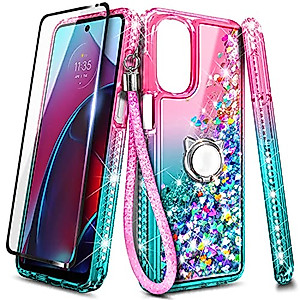 NZND Compatible with Motorola Moto G Stylus 5G (2022) Case with Tempered Glass Screen Protector (Maximum Coverage), Ring Holder/Wrist Strap, Glitter Liquid Floating Waterfall Cute Case (Pink/Aqua)