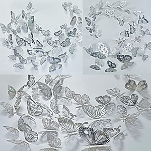 Ewong 60Pcs 3D Butterfly Wall Decal Birthday Cake Party Decoration 5 Style Mural Sticker Art Craft Kid Nursery Classroom Wedding Baby Shower Decorative Girl Bedroom Home Room Office Decor (Silver)