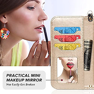 Toplive Wallet Case for iPhone 13 Pro Max,[Makeup Mirror][RFID Blocking] PU Leather Wallet Case with Card Holder Kickstand Wrist Strap Flip Cover for iPhone 13 Pro Max 6.7 Inch 2021