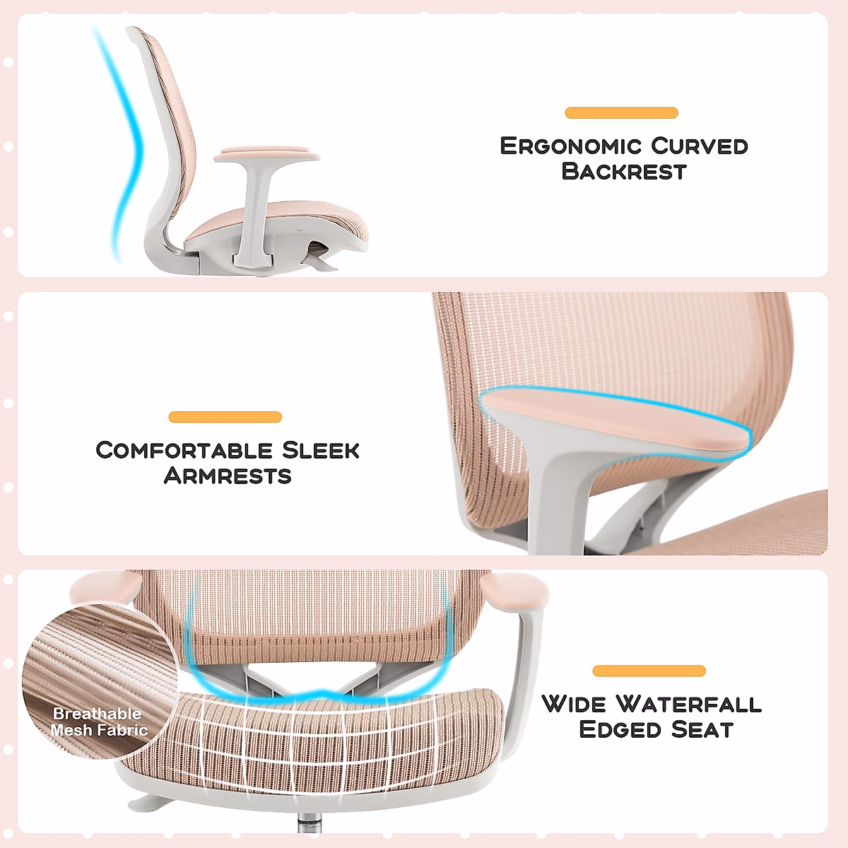 Giantex Kids Desk Chair, Children Armrest Computer Chair with Sit-Lock Wheels, Ergonomic Kids Office Chair with Waterfall Seat, Rolling Swivel Mesh Study Desk Chair for Girls Boys (Pink)