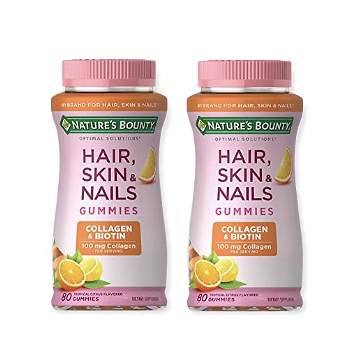 Nature's Bounty Hair, Skin & Nails with Biotin Collagen, Citrus, 80 Gummies (Pack of 2)
