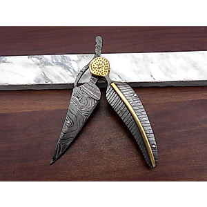 8" hand forged Damascus steel leaf folding pocket knife custom made, Engraved Damascus scale with bras art work cow leather sheath (Damascus) (Full Damascus)