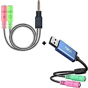 Bundle MillSO Headphone Mic Splitter, 3.5mm Headset Adapter 2 TRS Female to TRRS Male + MillSO USB External Sound Card Audio Adapter, USB to 3.5mm TRS Headphone and Microphone Stereo Jack Splitter