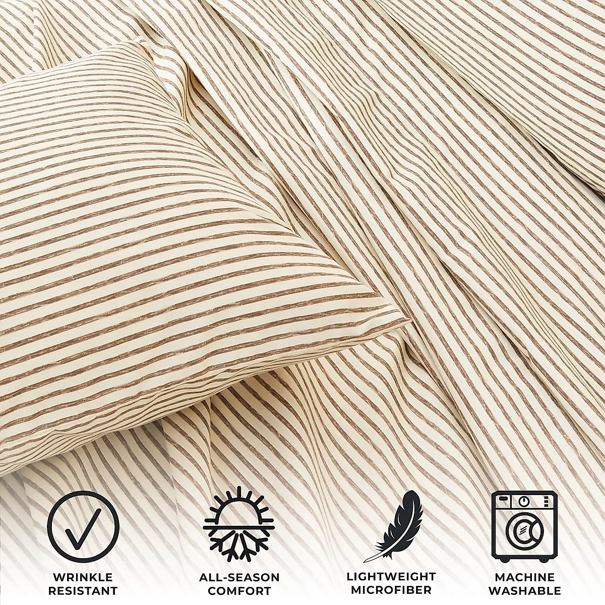 Great Bay Home 4-Piece Queen Size Stripe Microfiber Sheet Set | Ultra-Soft, Brushed Bedding Sheets & Pillowcases | Wrinkle Free, Comfortable, All-Season Bed Sheets (Queen, Taupe)