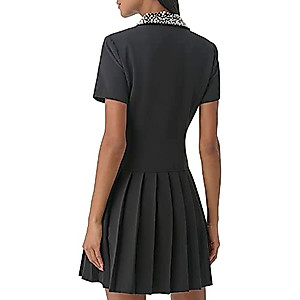 Karl Lagerfeld Paris Women's Pleated Buttons Pearl Dress, Black, 4