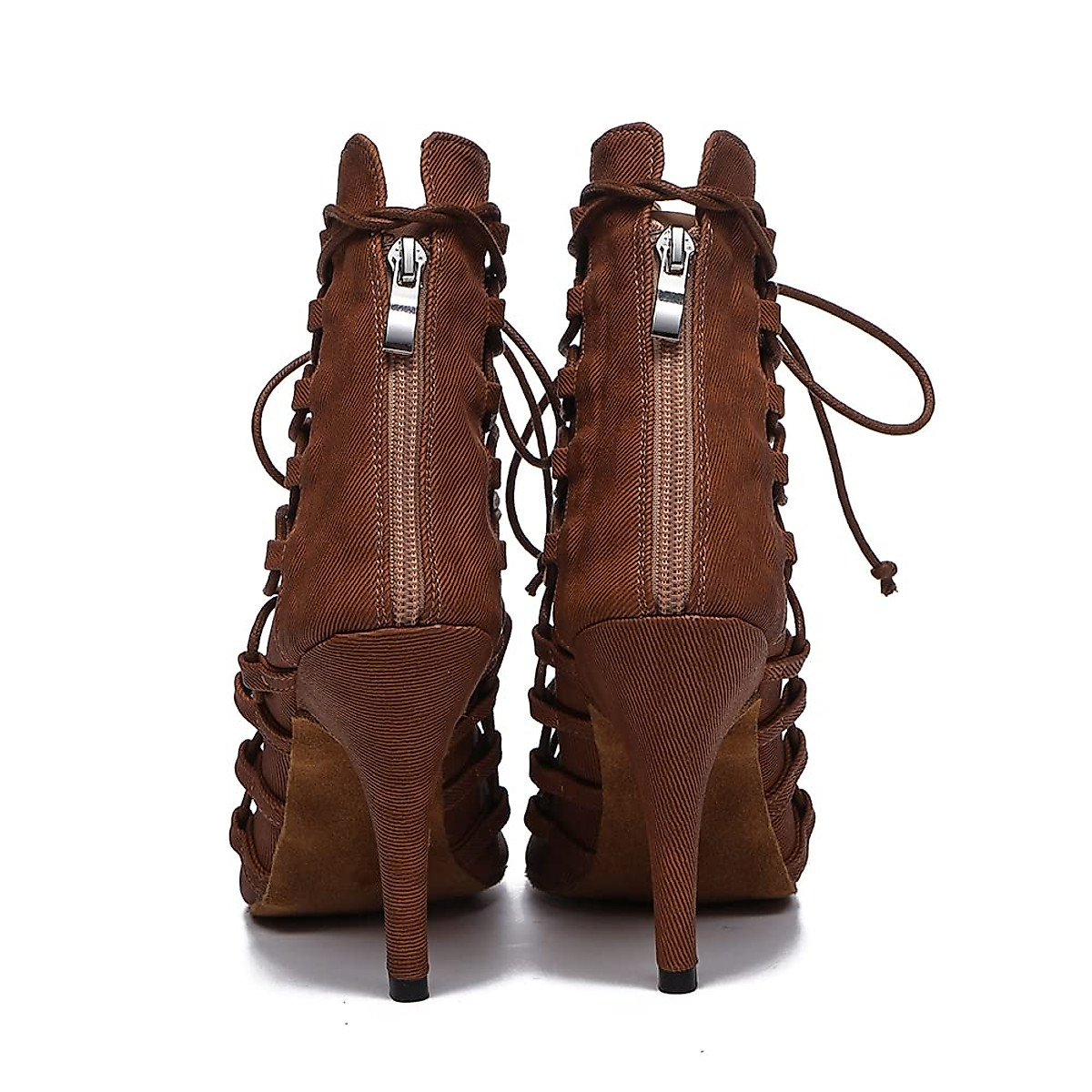 RUYBOZRY Women's Open Toe Latin Dance Boots Lace up Salsa Ballrooom Performence Practice Party Dance Shoes,YCL529-Brown-10,US 7.5