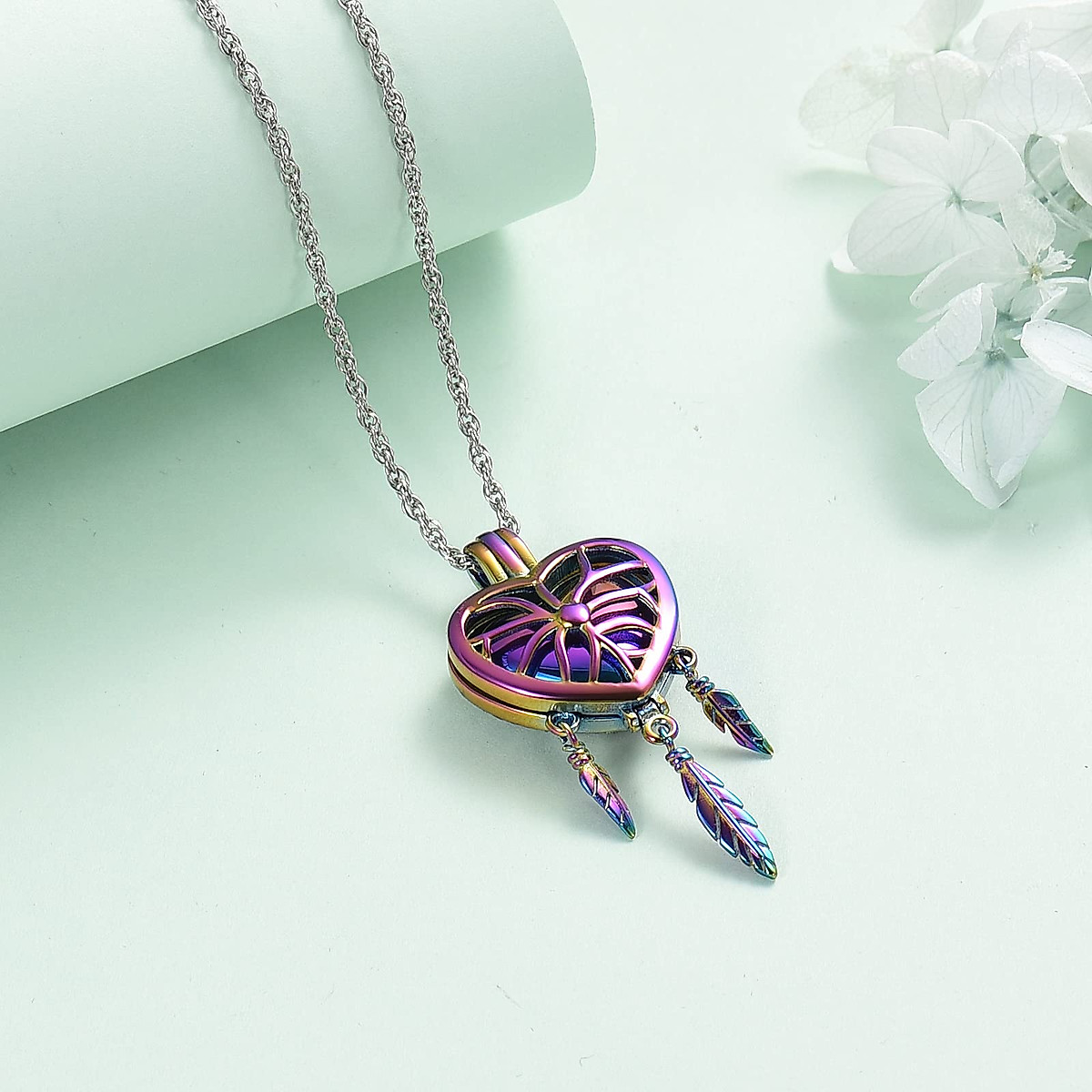 shajwo Dream Catcher Urn Necklace Heart Cremation Jewelry for Ashes for Women Men Angel Wing Flower Memorial Hollow Pendant,Full Rainbow