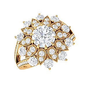 Rosec Jewels Certified Moissanite Diamond Flower Engagement Ring, 6 mm Round Shape Moissanite Floral Ring, D-Vs1 Quality, Ready to Gift, 14K Yellow Gold, Size:US 8.50