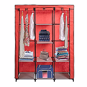 LUCKYERMORE Wardrobe Closet Portable Cloth Closets Organizer Clothes Storage with Hanging Rack and Removable Cover, Red