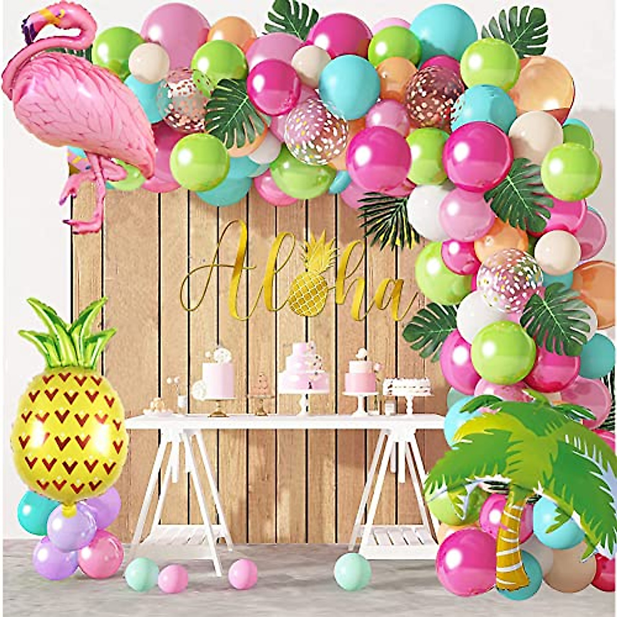 Tropical Balloons Arch Garland Kit Flamingo Pineapple Mylar Balloon Green Hot Pink Confetti Latex Balloons Palm Leaves for Hawaii Luau Aloha Flamingo Birthday Party Decorations Supplies