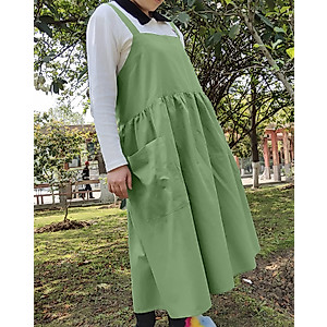 losofar Cotton Linen Square Dress Overalls Kitchen Gardening Solid Color Apron Flower Shop Smock (Green, 92cmx110cm)