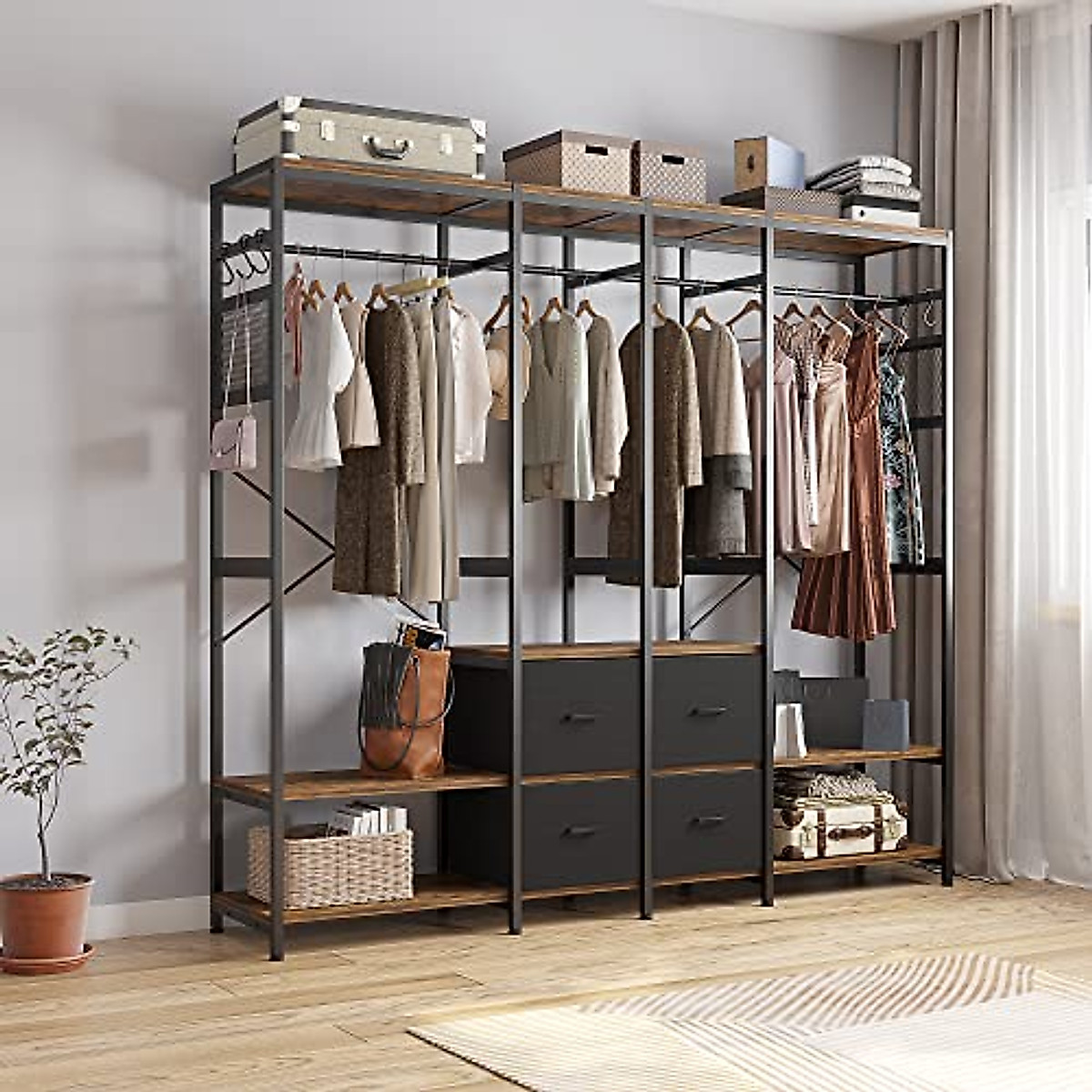 Karl home Freestanding Closet Organizer with 4 Fabric Drawers, Heavy Duty Clothes Rack with Wooden Shelves Hanging Rods, Free Standing Garment Rack Clothing Storage Wardrobe Vintage Walnut 70.87" H