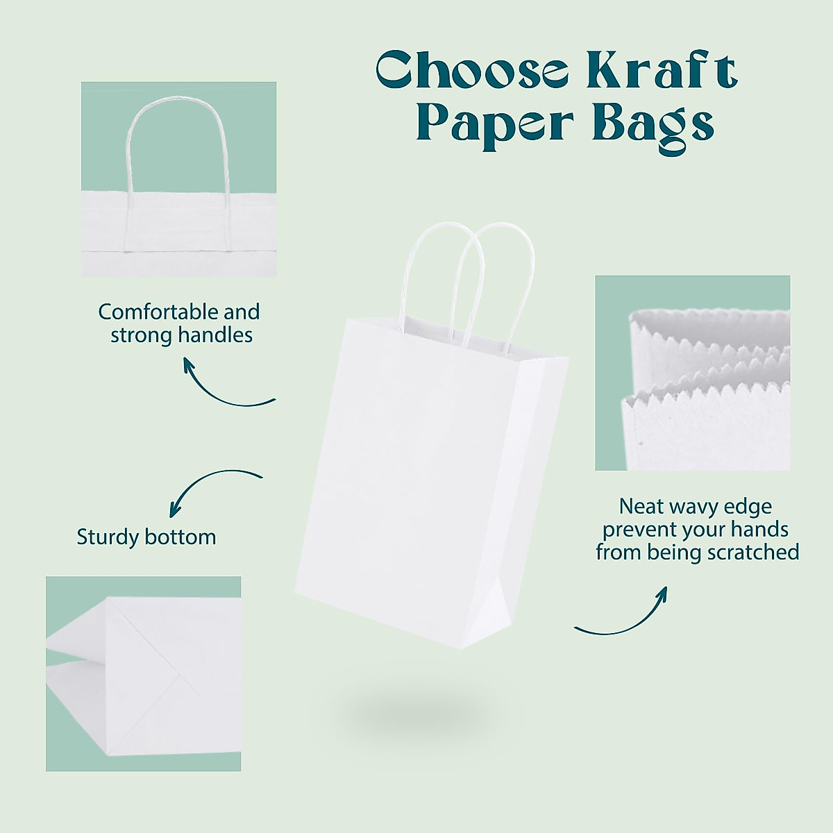 MESHA Paper Gift Bags 5.25x3.75x8 50Pcs White Paper Bags for Small Business,Small Paper Gift Bags with Handles Bulk,Birthday Wedding Party Favor Bags