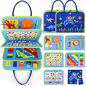 Busy Board Montessori Toys for 1-4 Year Old Toddler, Preschool Educational Learning Activities Developing Sensory Board for Fine Basic Dress Motor Skills/Travel Toys for Plane Car, Gift for Girls Boys