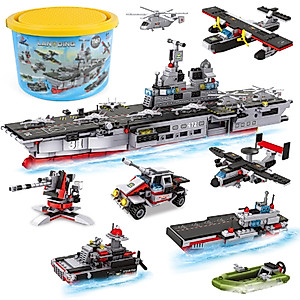 1161 Pieces Aircraft Carrier Building Blocks Set, 13 in 1 Military Battleship Model Building Toy Kit with Armored Tank, Fighter, Patrol Boat & Cannon Roleplay STEM Construction Toys Gift for Kids 6+