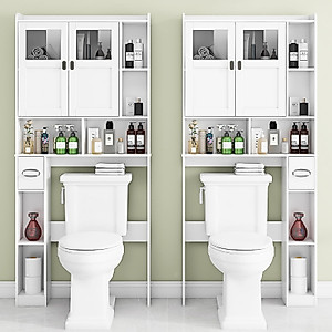 Vabches Over The Toilet Storage Cabinet, Bathroom Shelf Over Toilet with Glass Doors and Adjustable Shelves, White Freestanding Home Space Save Toilet Rack, for Restroom, Bathroom, Laundry