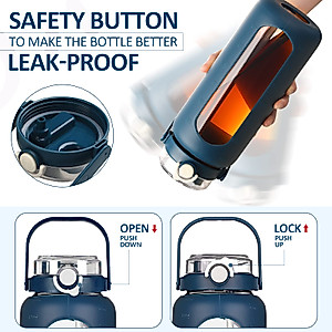 BLUEGO 64oz Glass Water Bottles with Straw Time Marker Half Gallon Large Motivational Water Bottle with Silicone Sleeve 2 Liter Large Glass Water Jug for Gym, Sports& Workout, Daily, Dark Blue