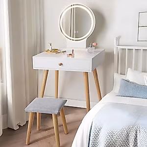 LUXFURNI Vanity Desk with Lighted Mirror, Makeup Vanity Table Set, Adjustable Brightness, Large Drawer Sturdy Wood, Soft Chair Dresser Desk for Bedroom (White, 24x16x44.5H)