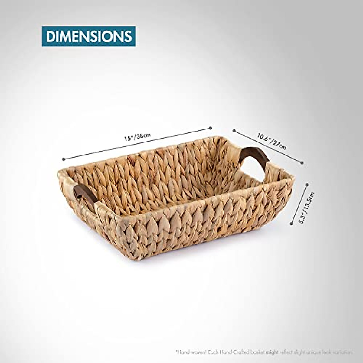 ADO Basics Large Water Hyacinth Hand Woven Basket with Stain Resistant Polished Wooden Handles, Storage Wicker Baskets 15" Length, 10.6" Width, 5.3" Height, Set of 2