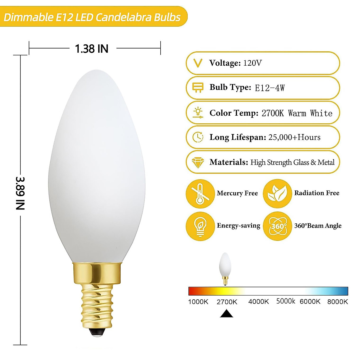 XININSUN E12 Frosted Candelabra Bulb 40W Equivalent, E12 LED Matt White Porcelain Dim-to-Warm 2000-2800K CRI 92 Excellent Color Accuracy, Dimmable LED Bulb Candle Chandelier Bulbs,6 Pack
