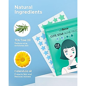 LitBaer Star-Shaped Pimple Patch Hydrocolloid Acne Stickers with Tea Tree Oil + Salicylic Acid, Cover Dot for Acne Blemish, Pimples, Whiteheads, Zit, Draw out Oil & Impurities, 112 Dots, 14mm & 10mm