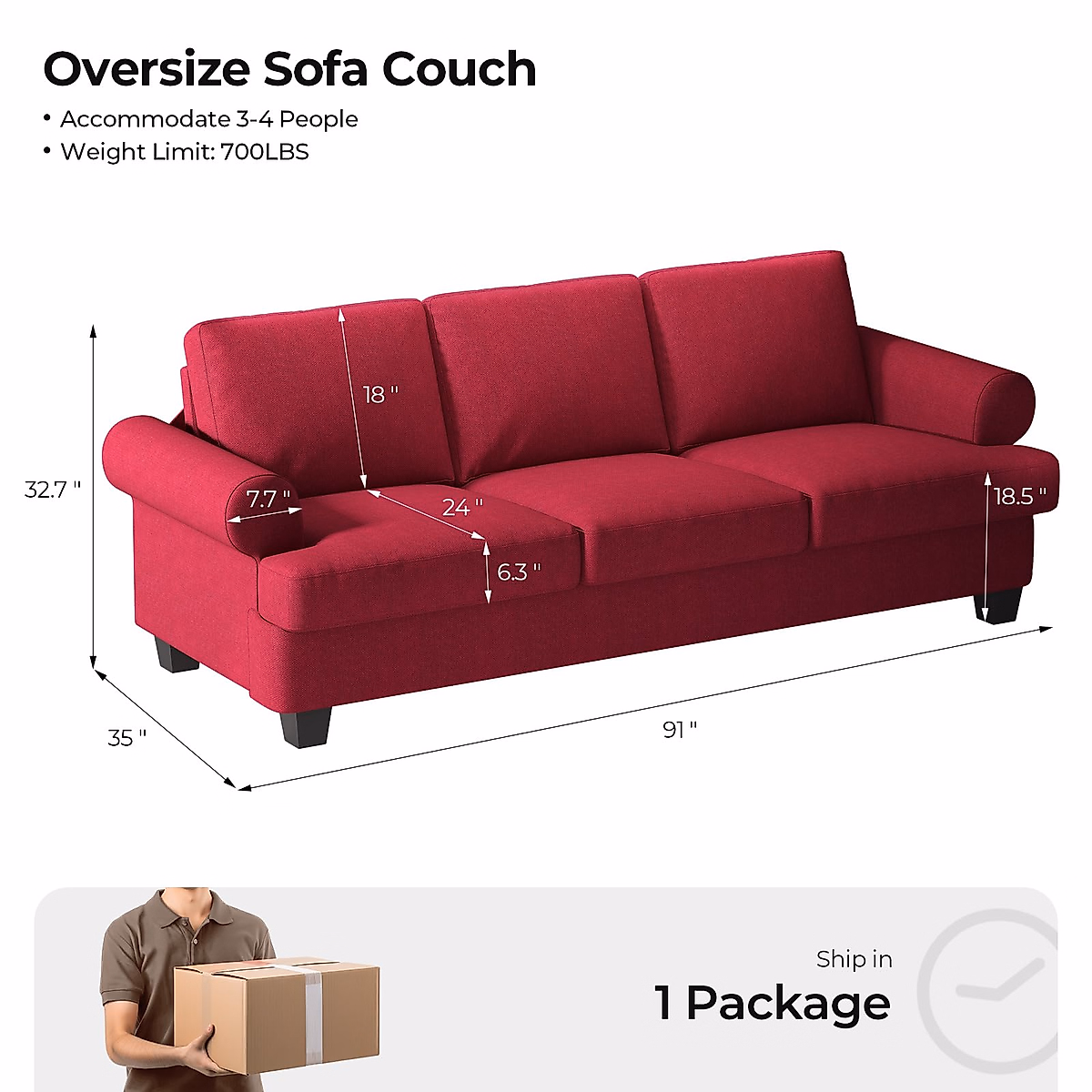 COPIAE 91 Inch Lawson Sofa with Extra Deep Seats Oversize, 3-Seat Sofa Couch, Couches for Living Room, Mid-Century Modern, Apartment Lounge, Red Sofas for Living Room