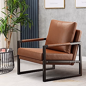Modern Faux Leather Accent Chair Armchair with Extra-Thick Padded Backrest and Metal Frame for Living Room and Bedroom Furniture - Comfortable and Elegant（Brown）