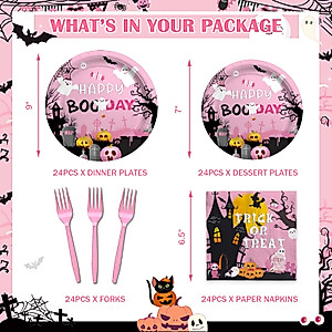 Fiesec Happy Boo Day Party Supplies Tableware Set, Pink Halloween Party Decorations for Girl, Trick or Treat Pumpkin Ghost Face Plates, Napkins, Forks, Serves 24 Guests