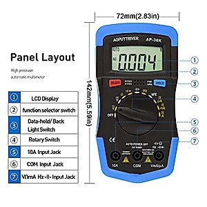 Digital Multimeter AP-36K 4000 Counts multimeter for Voltmeter Ammeter Ohmmeter with Test Leads Data Hold and Backlight LCD for DC/AC Resistance Diodes Transistor Buzzer Continuity