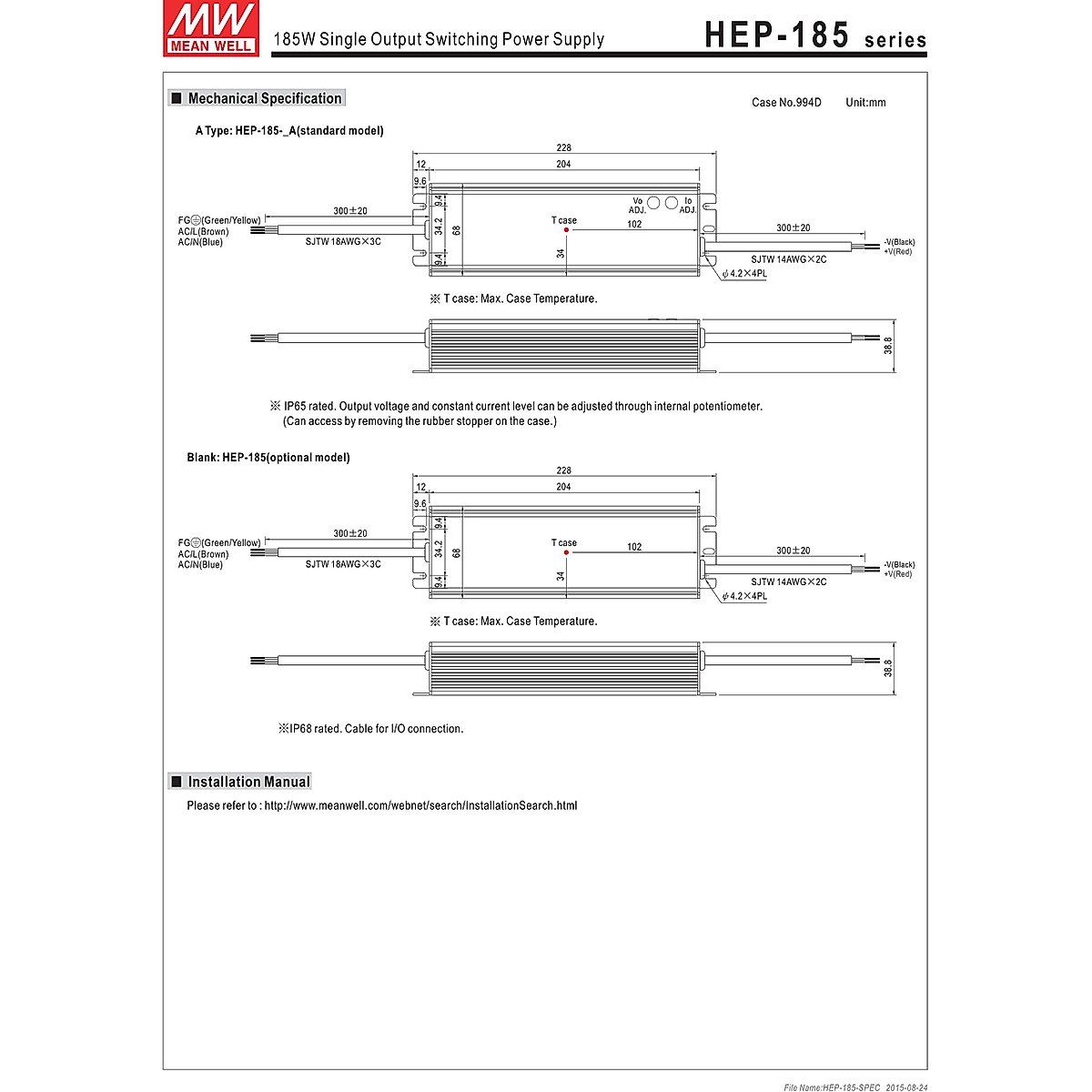 MEAN WELL HEP-185-54A 54V 3.45A 186.3W Single Output Switching Power Supply Harsh Environment