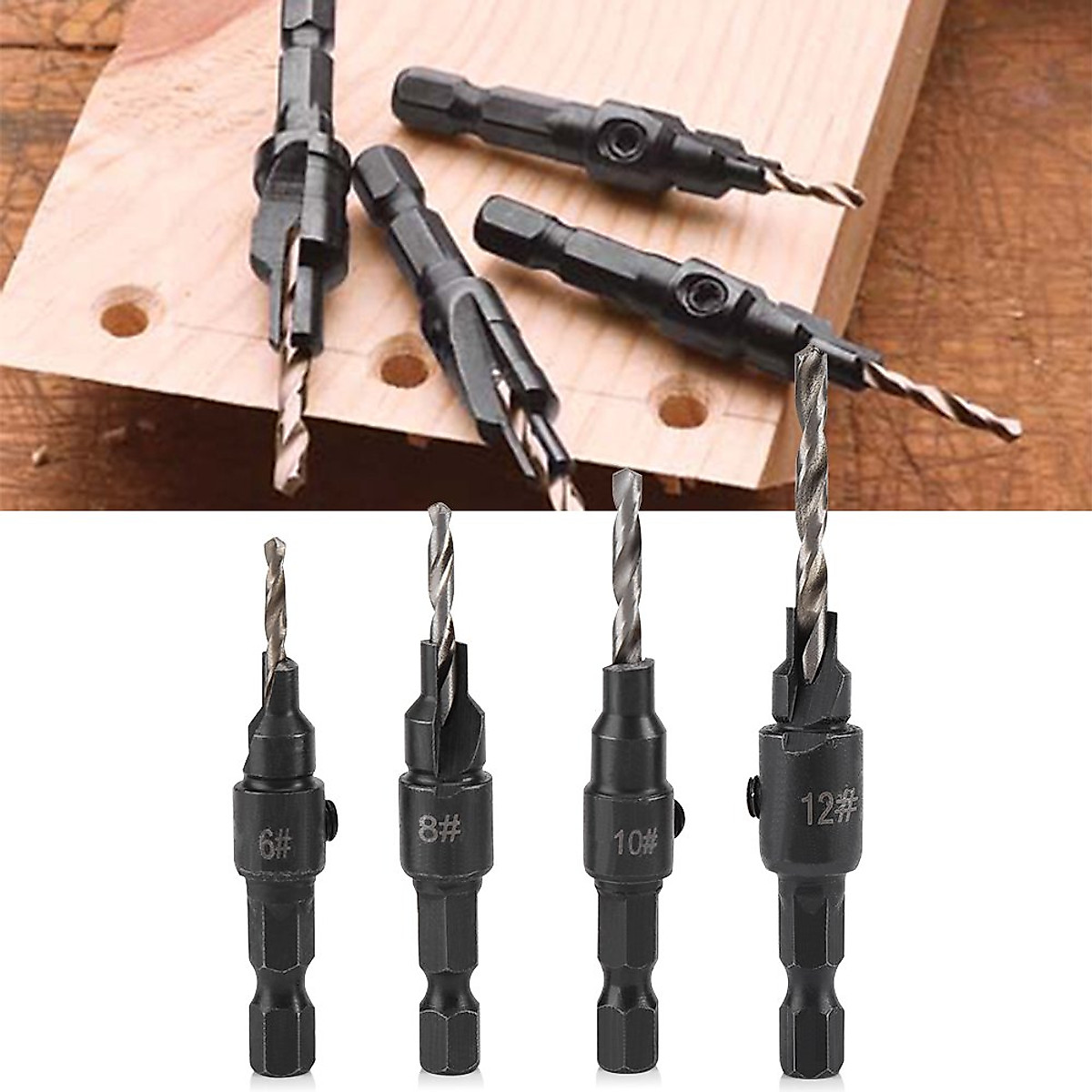 HSS Countersink Drill Bit, #6#8#10#12 1/4inch Hex Shank Drill Bits HSS Countersink Drill Bit Set with Small Wrench Countersink Woodworking Tool