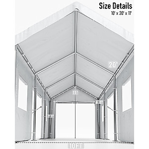 KYBOLT 10 x 20 Ft Heavy-Duty Carport, Portable Garage, 180g PE Waterproof Canopy and 8 x 1.0 mm Poles for Full-Size Pickup Trucks, Boats, and SUVs - White