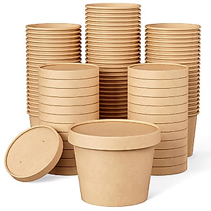 50pack 12oz Paper Soup Containers with Lids, Disposable Kraft Paper Food Cups, Ice Cream Cups, Paper food Storage with Lids, Microwavable and freezer safe, Suitable for Christmas Thanksgiving (Brown)