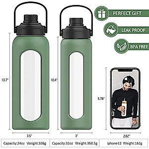 Kodrine Glass Water Bottles with Straw, 24oz Water Bottle with 2 Lids - Handle Spout Lid & Bamboo Straw Lid, Motivational Water Bottle with Silicone Sleeve, Wide Mouth, Leakproof, BPA Free(Olive)
